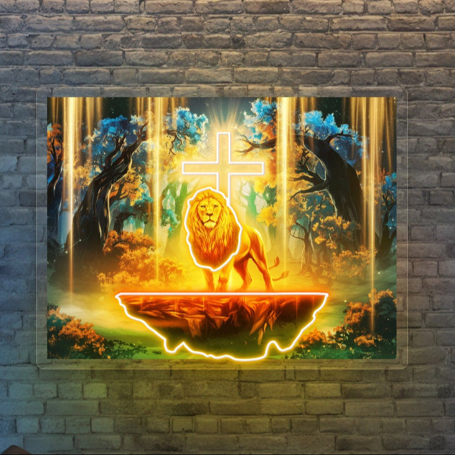 Christian Artwork Neon Sign Lion Cross UV-Printing LED Light - NeonGrand